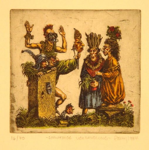 Max Peter Haering, Schwierige Verhandlung, 1987, handkolorierte ...